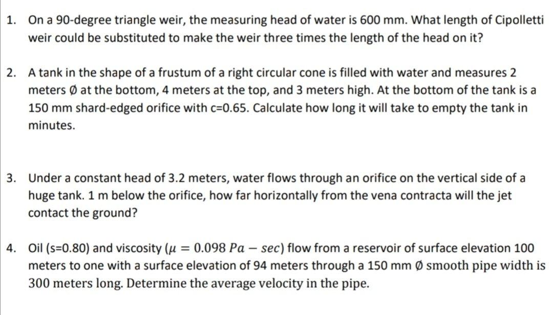 Solved 1. On a 90-degree triangle weir, the measuring head | Chegg.com