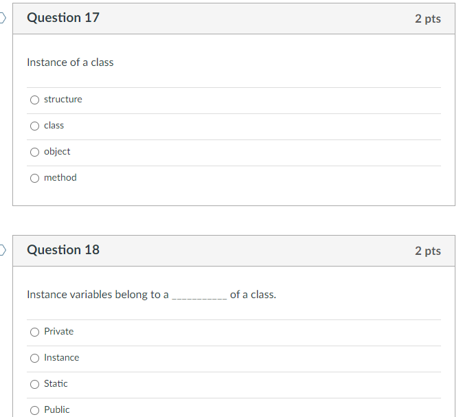 Solved Question 17 2 pts Instance of a class structure class | Chegg.com