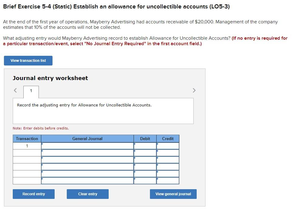 Solved Brief Exercise 5-4 (Static) Establish an allowance | Chegg.com