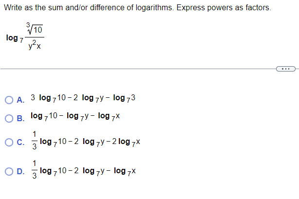 Solved Write as the sum and/or difference of logarithms. | Chegg.com