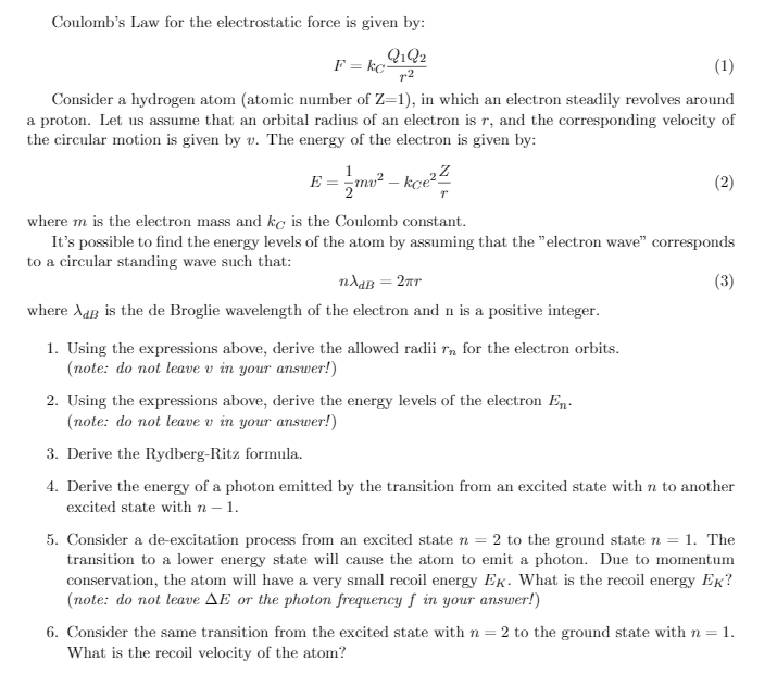 Solved Coulomb's Law for the electrostatic force is given | Chegg.com