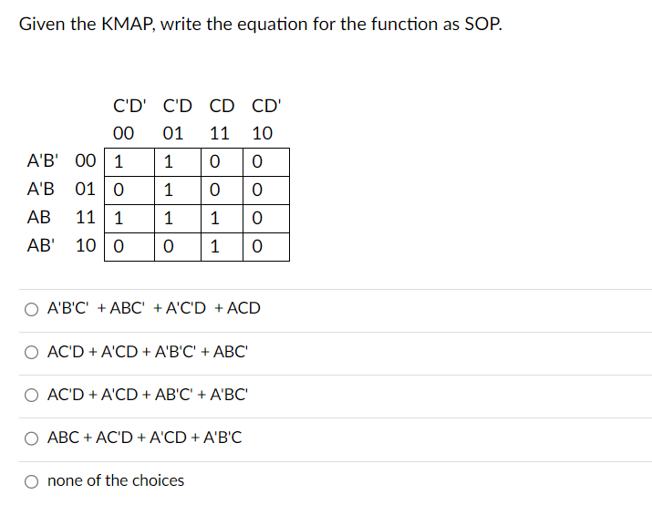 Solved Given the KMAP, write the equation for the function | Chegg.com