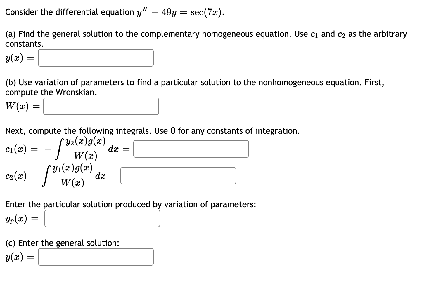 Solved Consider the differential equation y" + 494 = | Chegg.com