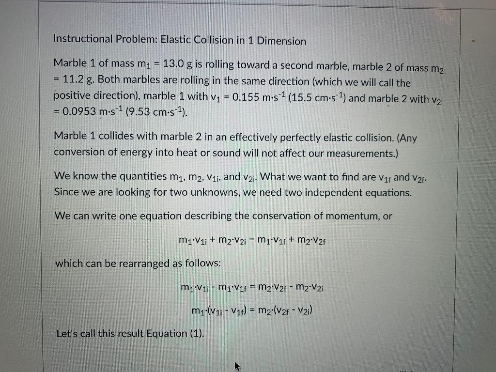 Solved Instructional Problem: Elastic Collision in 1 | Chegg.com
