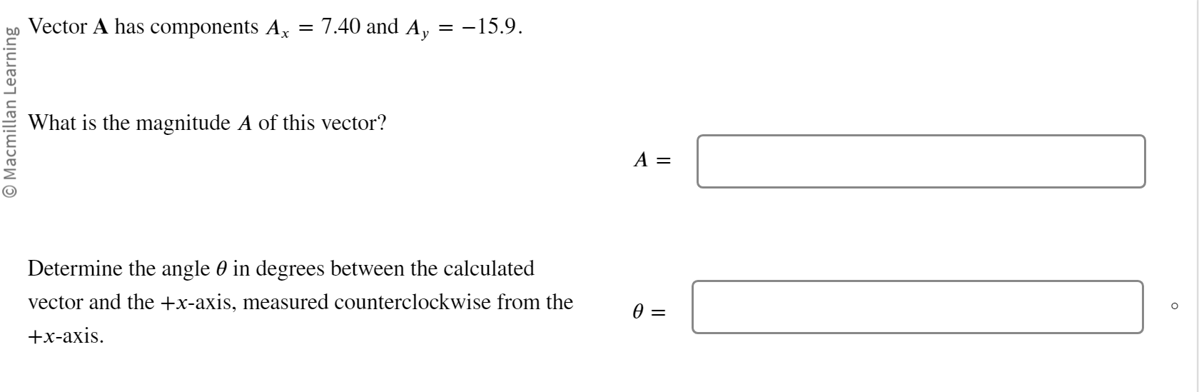 Solved Vector A has components Ax=7.40 and Ay=−15.9. What is | Chegg.com