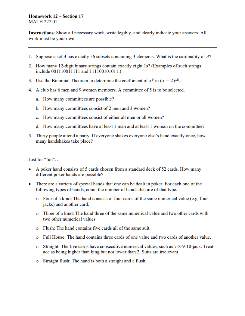 Solved Homework 12 - Section 17 MATH 227.01 Instructions: | Chegg.com