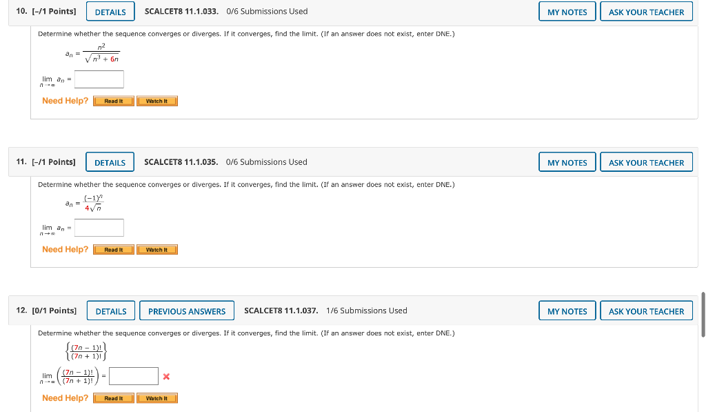 Solved 10. (-/1 Points] DETAILS SCALCET8 11.1.033. 0/6 | Chegg.com