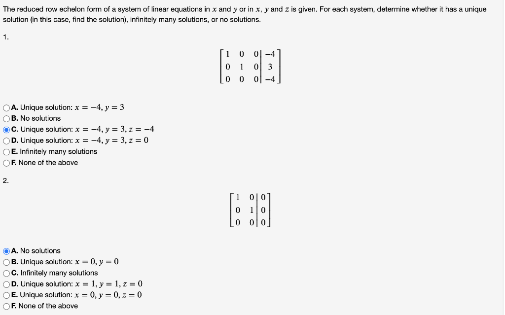 Solved The reduced row echelon form of a system of linear | Chegg.com