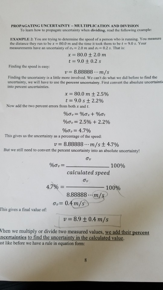 Solved PROPAGATING UNCERTAINTY - MULTIPLICATION AND DIVISION | Chegg.com