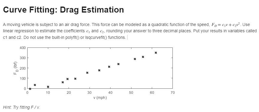 Solved Curve Fitting: Drag Estimation. Answer should be in | Chegg.com