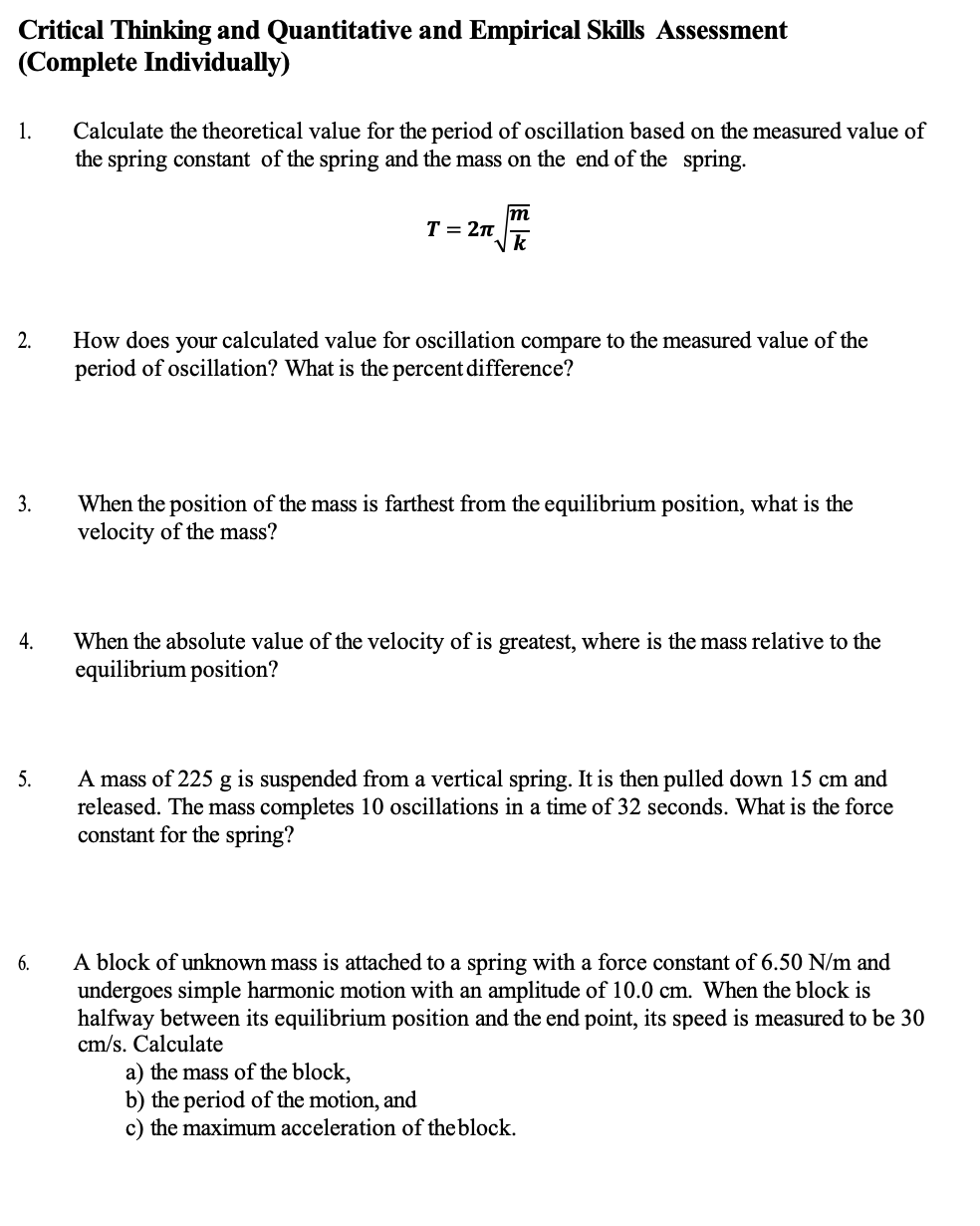 Solved Simple Harmonic Motion - Mass on a Spring (Force | Chegg.com