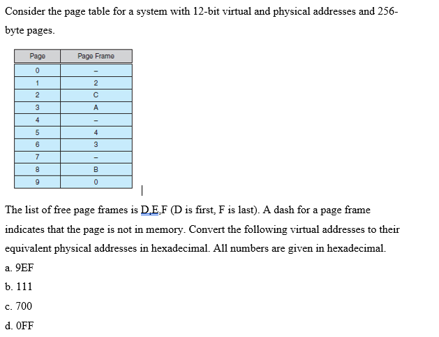 Consider the page table for a system with 12 -bit | Chegg.com