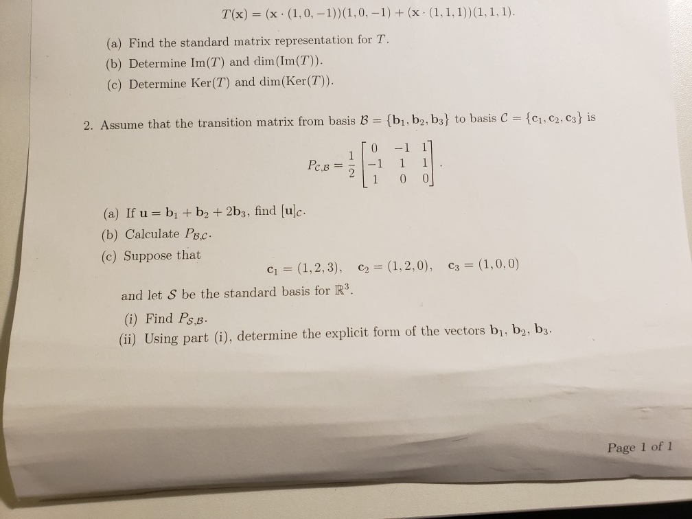 Solved (a) Find the standard matrix representation for T (b) | Chegg.com