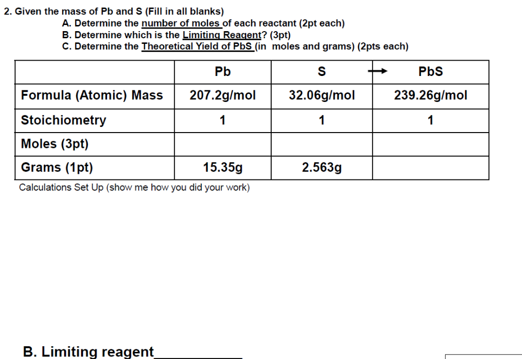 Solved 2. Given the mass of Pb and S (Fill in all blanks) A. | Chegg.com