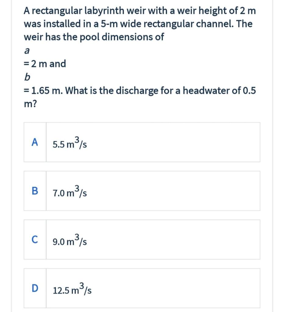 Solved A rectangular labyrinth weir with a weir height of 2 | Chegg.com