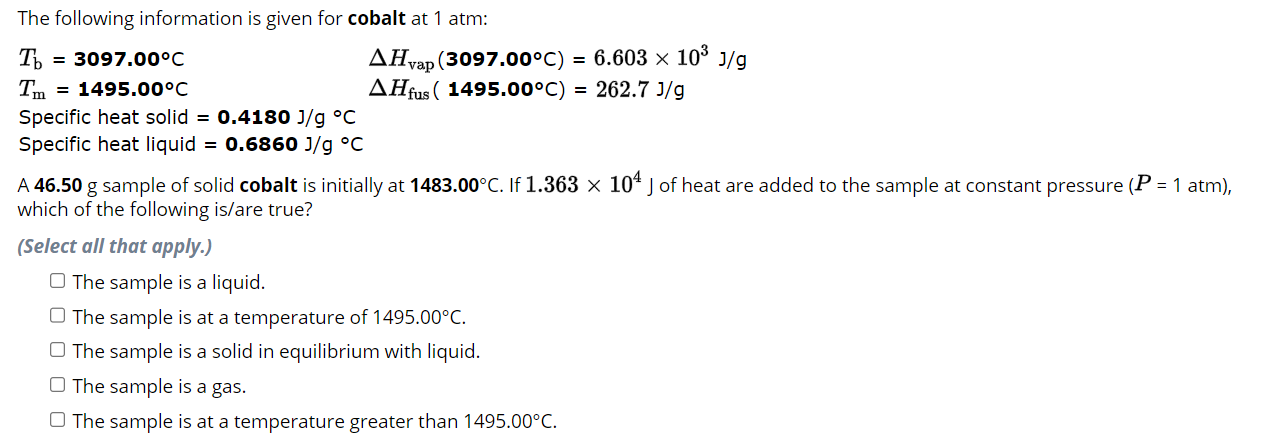 Solved The following information is given for cobalt at 1 | Chegg.com