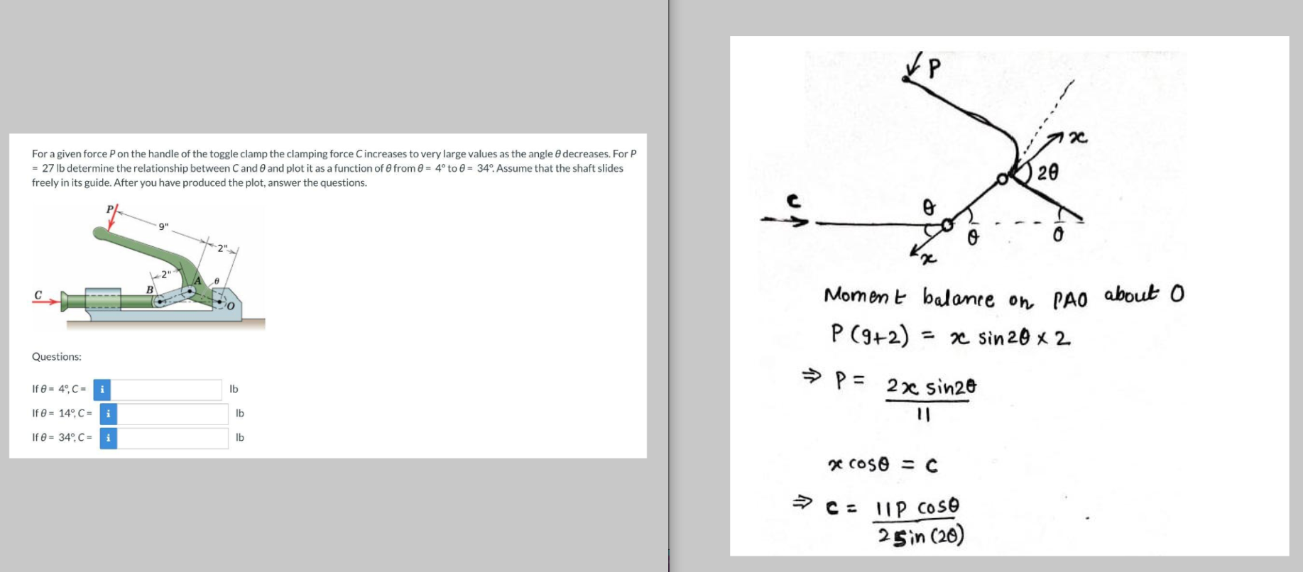 Solved For a given force P on the handle of the toggle clamp | Chegg.com