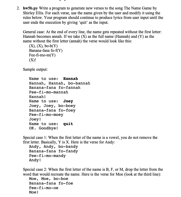 Solved hw5b.py Write a program to generate new verses to the | Chegg.com