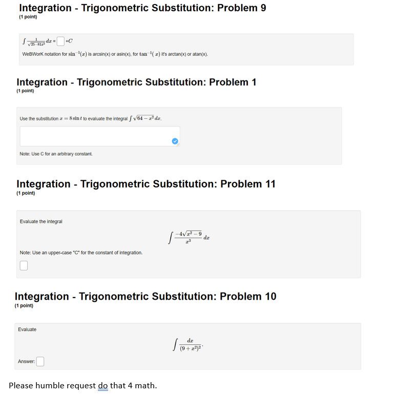 Solved Integration - Trigonometric Substitution: Problem 9 | Chegg.com