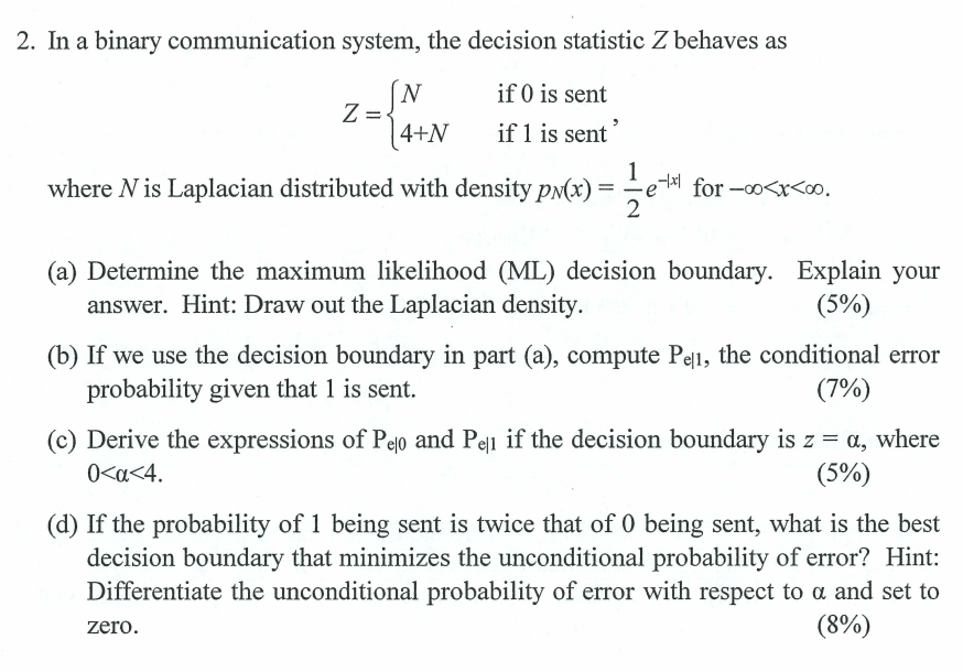 Solved In a binary communication system, the decision | Chegg.com