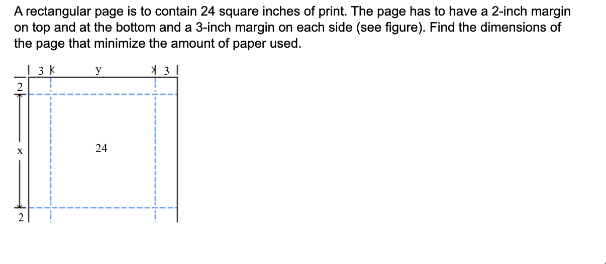 Solved A rectangular page is to contain 24 square inches of | Chegg.com