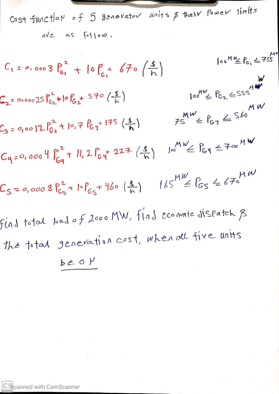 Solved Cost function of 5 generator units & their power | Chegg.com