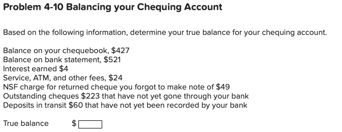Solved Problem 4-10 Balancing your Chequing Account Based on | Chegg.com