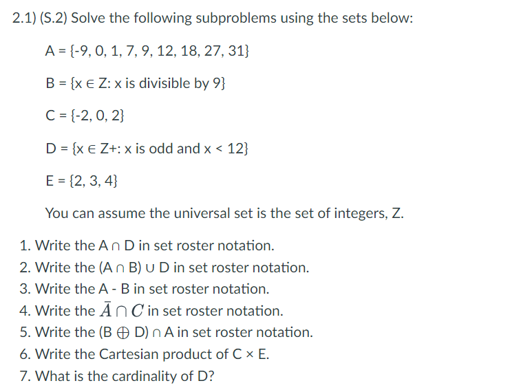 Solved Solve the following subproblems using the sets | Chegg.com