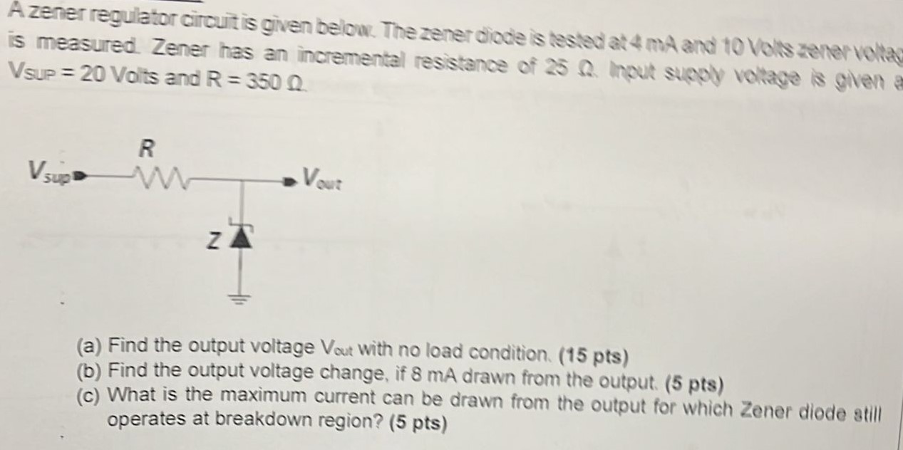 Solved A zener regulator circuit is given below. The zener | Chegg.com