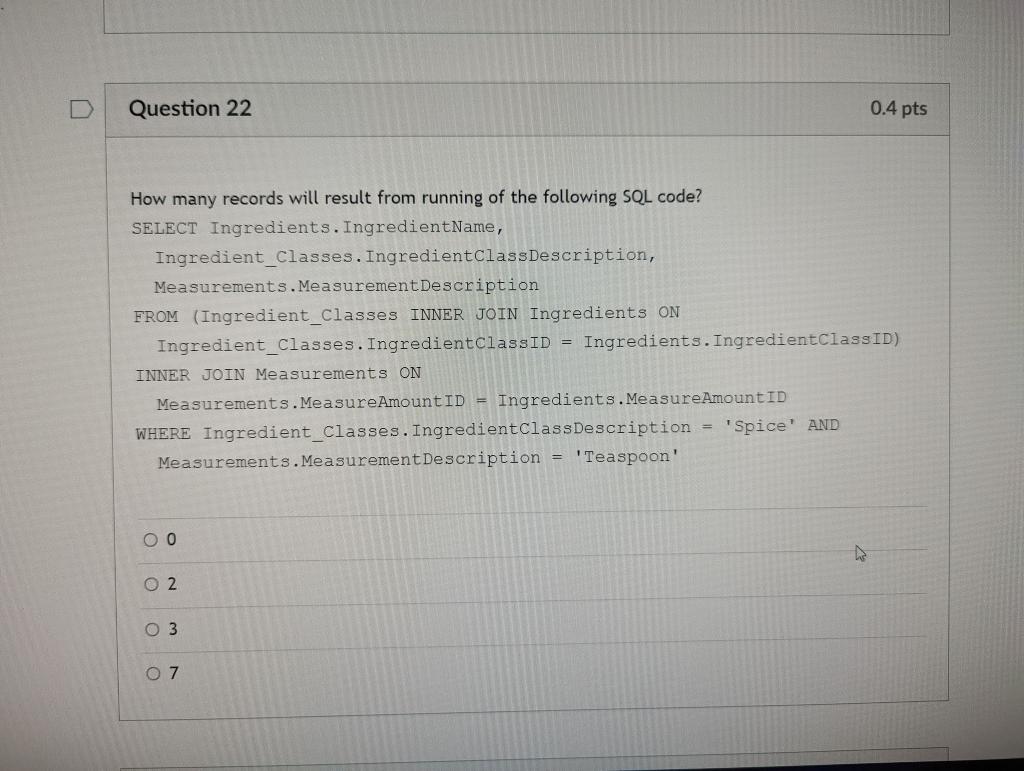 Solved The questions 21 - 25 use the Cooking database and | Chegg.com