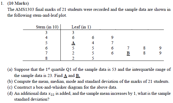 Solved 1. (10 Marks) The AMS1303 final marks of 21 students | Chegg.com