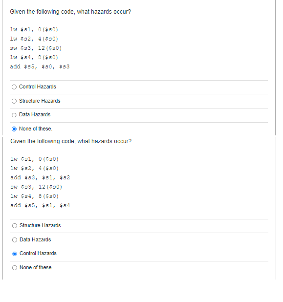 Solved Control Hazards Structure Hazards Data Hazards None | Chegg.com