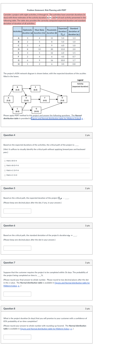 Solved Problem Statement: Risk Planning with PERT Consider a | Chegg.com