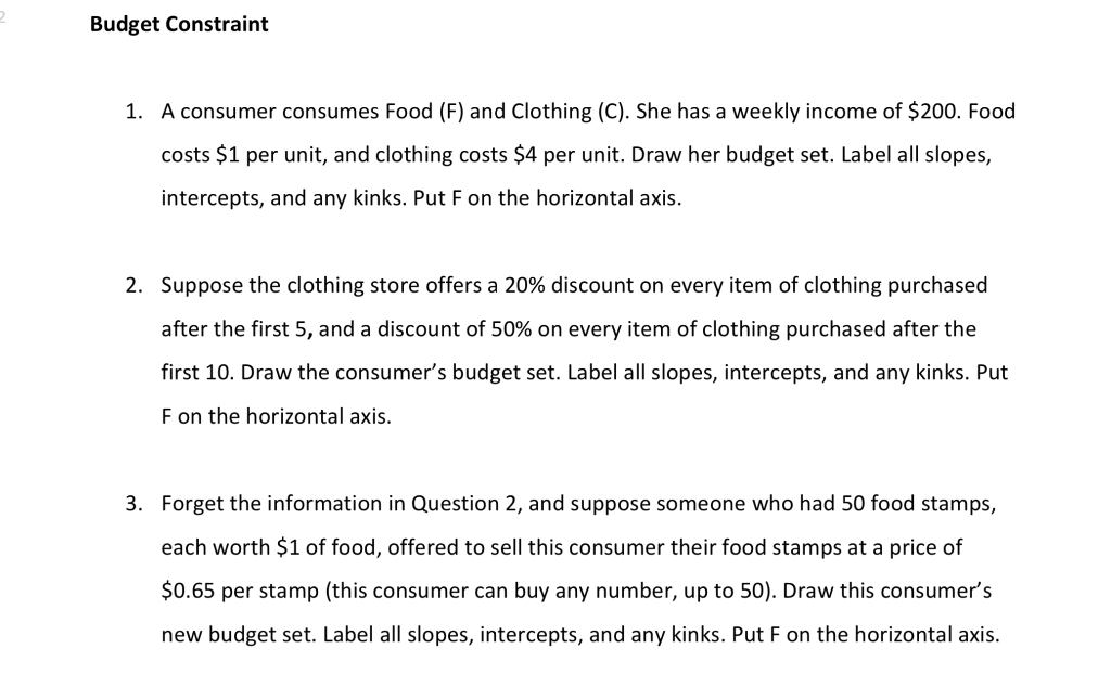 Solved Budget Constraint Questions 1~3. Draw her budget set. | Chegg.com