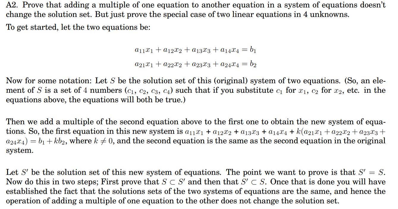 Solved A2. Prove that adding a multiple of one equation to | Chegg.com