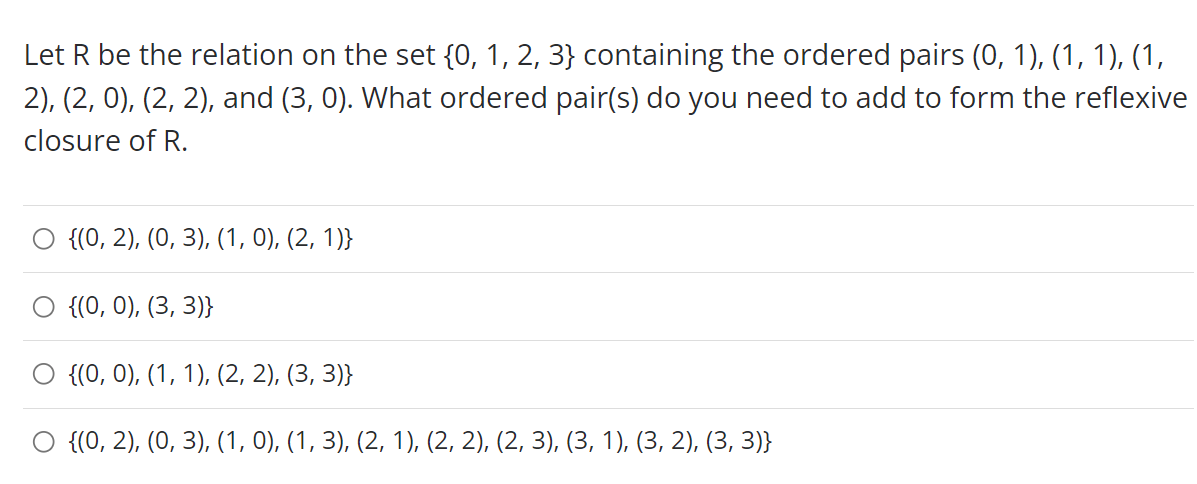 Solved Let R be the relation on the set {0,1,2,3} containing | Chegg.com