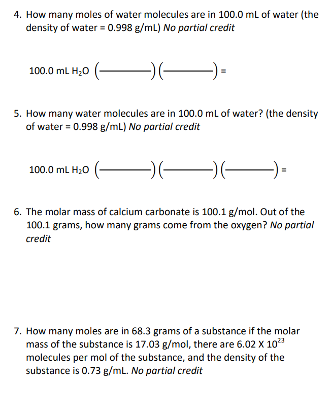 Solved 4. How many moles of water molecules are in 100.0 mL | Chegg.com