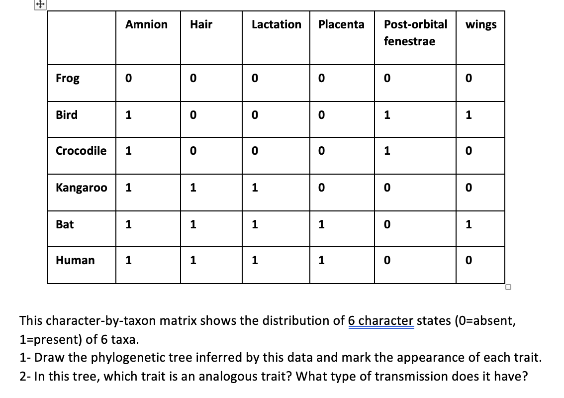 Solved This character-by-taxon matrix shows the distribution | Chegg.com