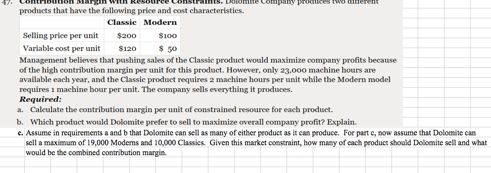 Solved 47. Contribution Margin with Resource constraints. | Chegg.com