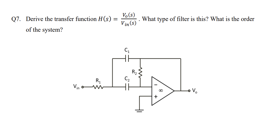Solved Q7. Derive the transfer function H(s)=Vin(s)Vo(s). | Chegg.com