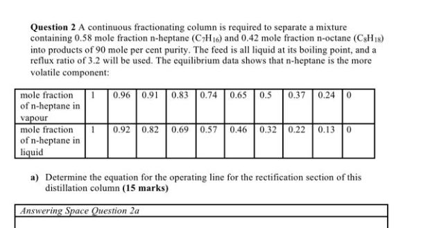 Solved Question 2 A continuous fractionating column is | Chegg.com