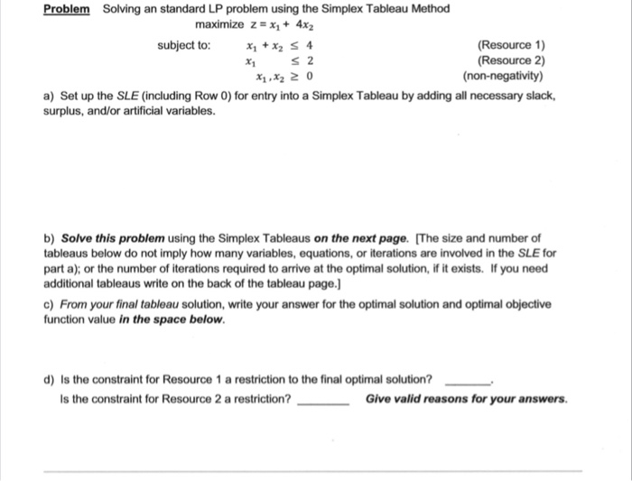 Solved Problem Solving an standard LP problem using the | Chegg.com