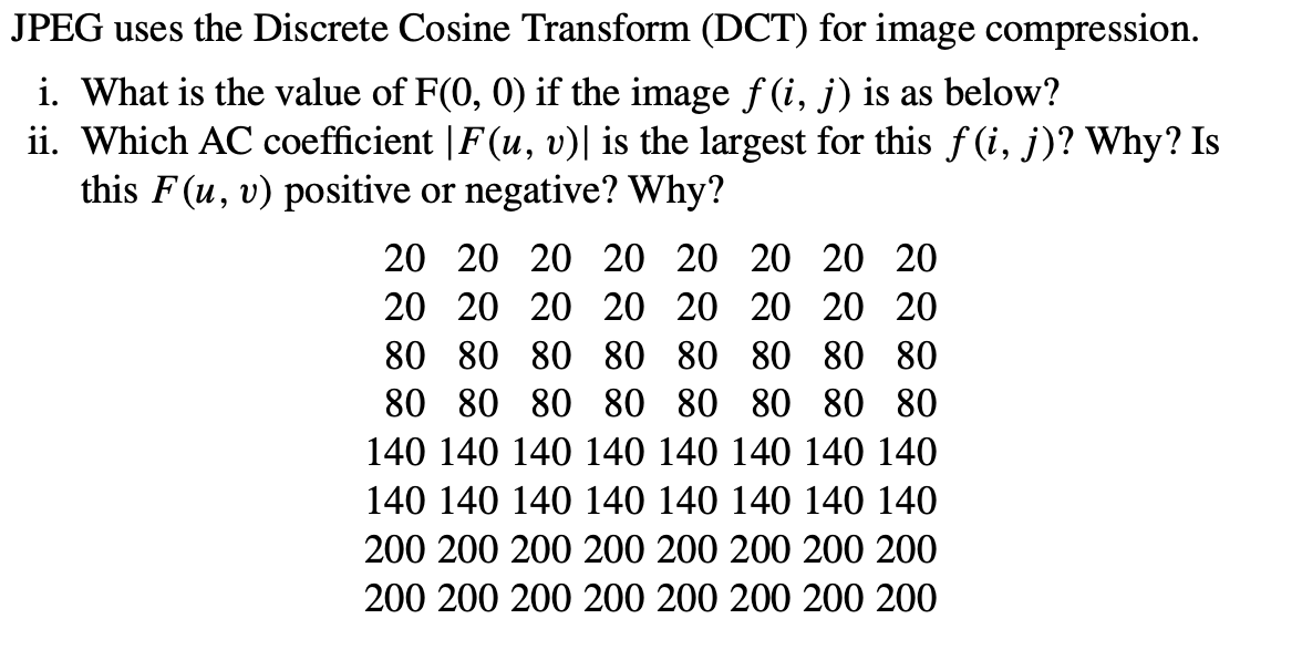 Solved JPEG uses the Discrete Cosine Transform (DCT) for | Chegg.com