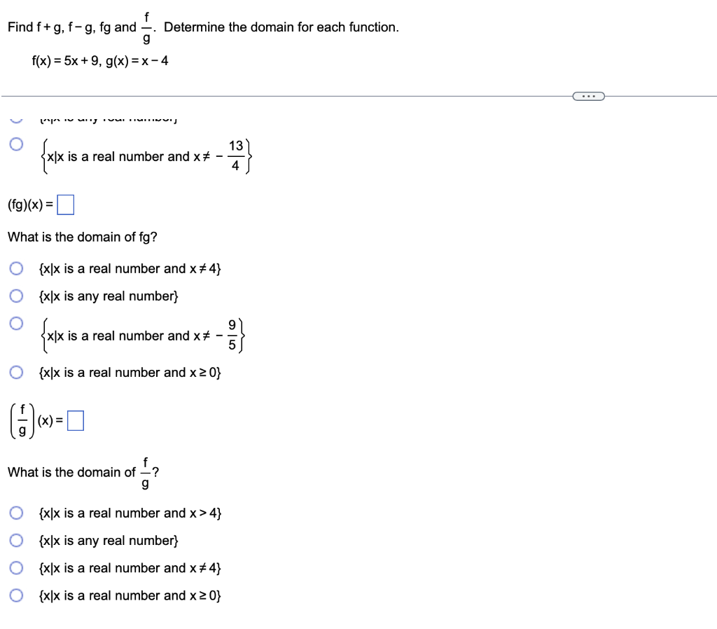 Solved Find f+g , f−g , fg and fg. Determine the domain for | Chegg.com