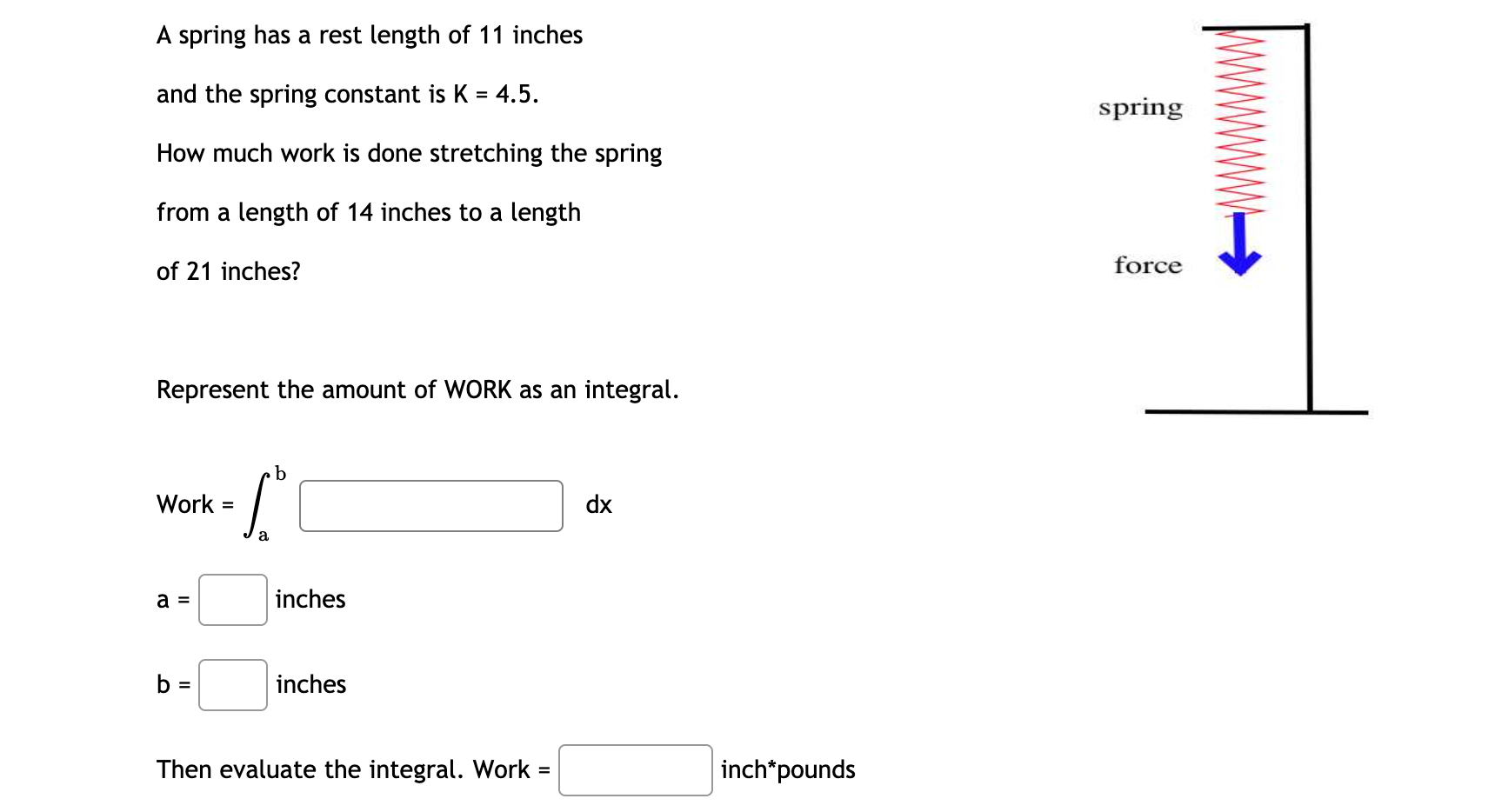 Solved A spring has a rest length of 11 inches and the | Chegg.com