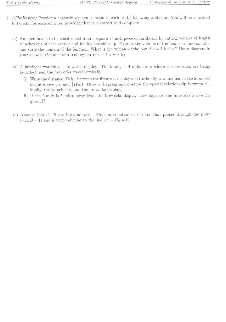 Solved Vest 4 (Take Home) MATH 1914-211: College Algebra | Chegg.com