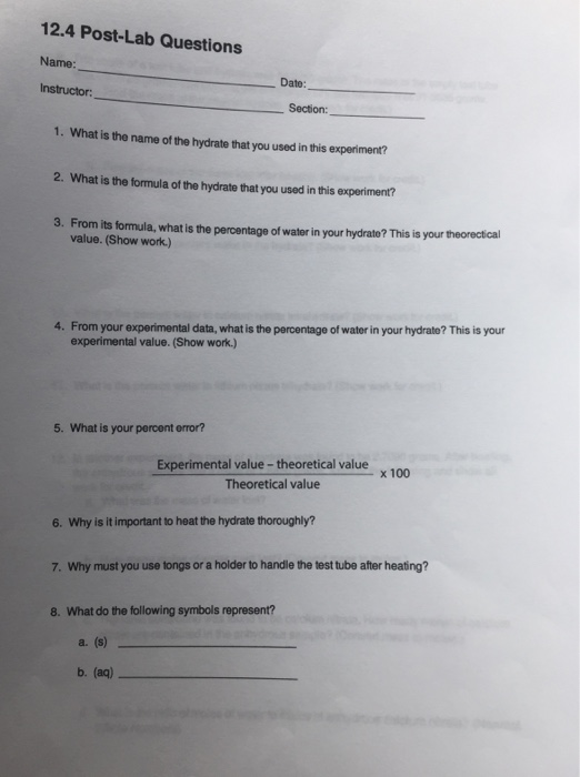 12.4 Post-Lab Questions Name: Date: Section: 1. What | Chegg.com