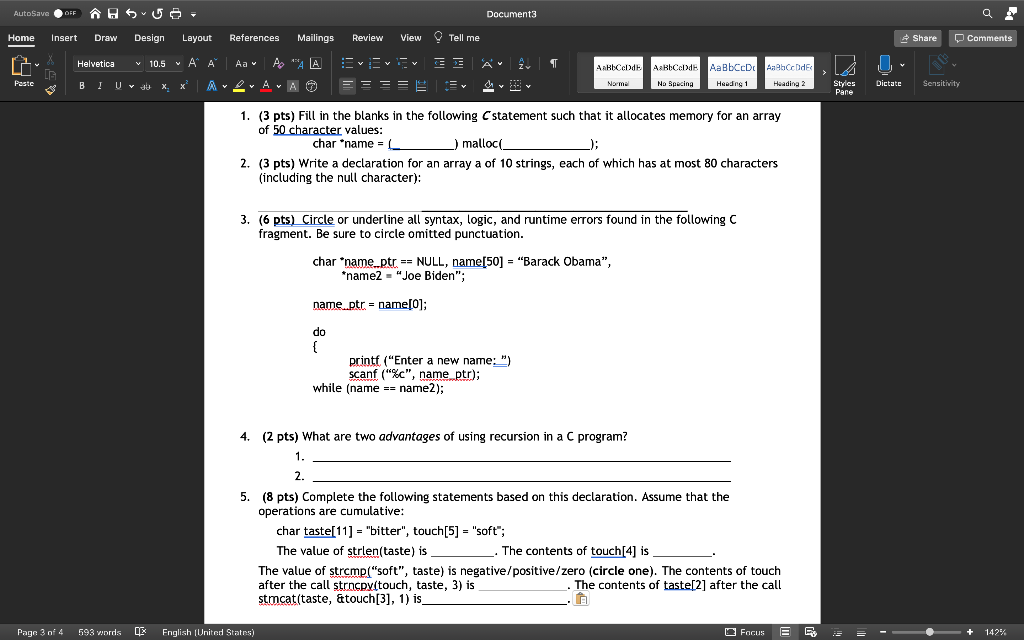 Solved AutoSave OFF OFF A SU Document3 a Home Insert Draw | Chegg.com