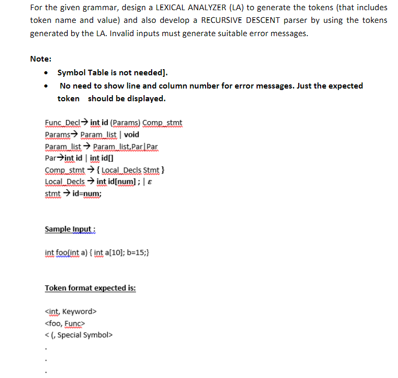 For the given grammar, design a LEXICAL ANALYZER (LA) | Chegg.com