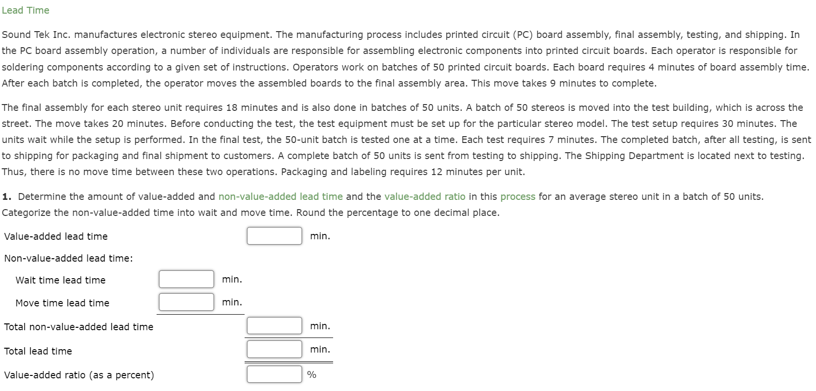 Solved Lead Time Sound Tek Inc. manufactures electronic | Chegg.com